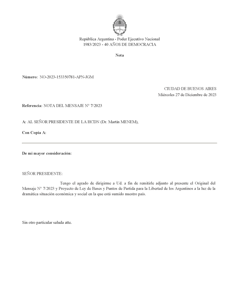 Ley s/n. Bases y Puntos de Partida para la Libertad de los Argentinos ...