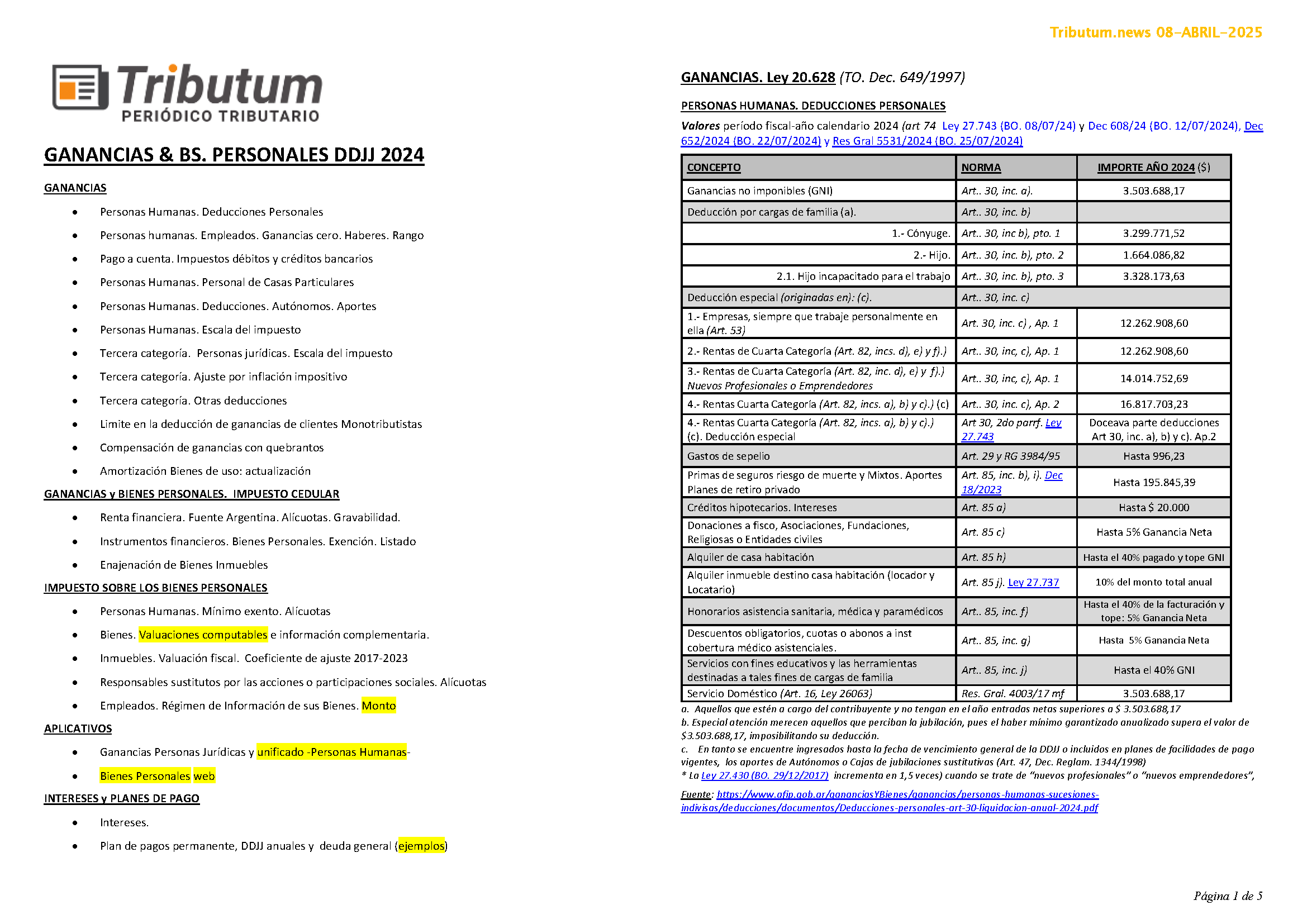 Tablas Tributum: Ganancias & Bienes Personales. DDJJ 2024. Alícuotas, Deducciones, Mínimos ...